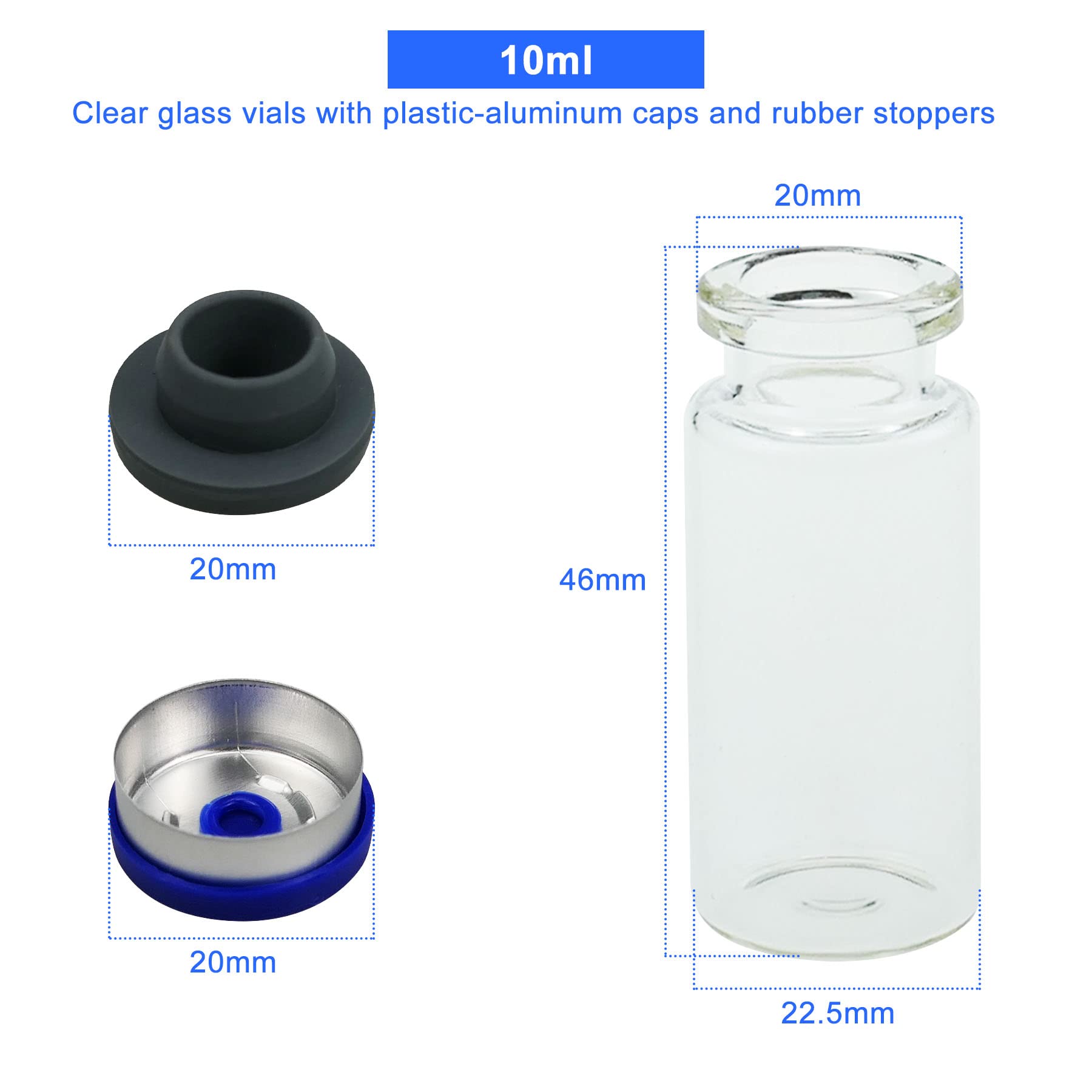 10 ml Clear Glass Vials, 110 Pcs Glass Headspace Vial with Plastic Aluminum Flip Caps and Rubber Stoppers 20mm Transparent Flat Bottom Lab Sample Vial