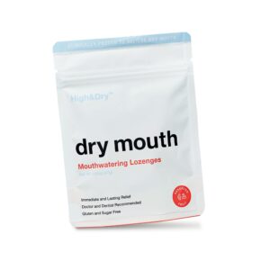 high&dry - dry mouth lozenges, helps stimulate salivary flow, targets dry mouth issues like bad breath, supports healthy gums and throat, gluten-and-sugar-free candies, oral care package, 47g