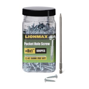 lionmax pocket screws #8 x 1 inch, wood screws coarse thread 600pcs, washer head square drive screws for pocket hole, self tapping, zinc plated, rust-resistant, 150mm drive bit included