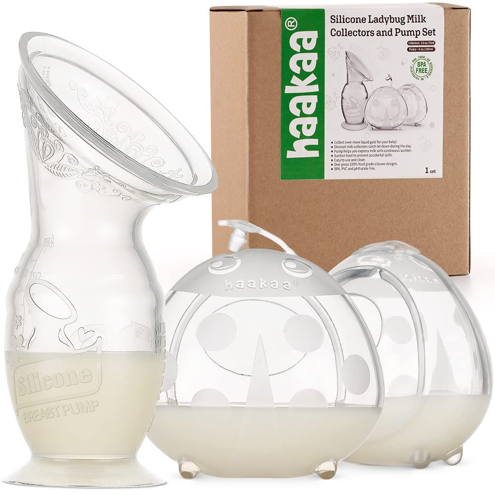 haakaa Silicone Breast Pump 100ml with suction base & Ladybugs Silicone Breast Shell 75ml Combo,Silicone Breast Milk Catcher,Silicone Breast Milk Collector & Nipple Therapy,Must Have for Breastfeeding