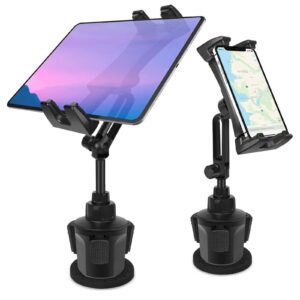 car cup holder tablet mount & phone cradle stand truck for ipad pro 11/12.9 air mini 6/5/4, samsung galaxy tabs, iphone 16/15/pro/pro max, 4.7"-12.9" smartphone tab, adjustable long arm, 360º rotating