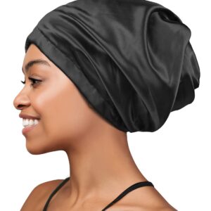 Large Satin Bonnet Sleep Cap for Curly Hair, Frizzy Hair Women and Men Black