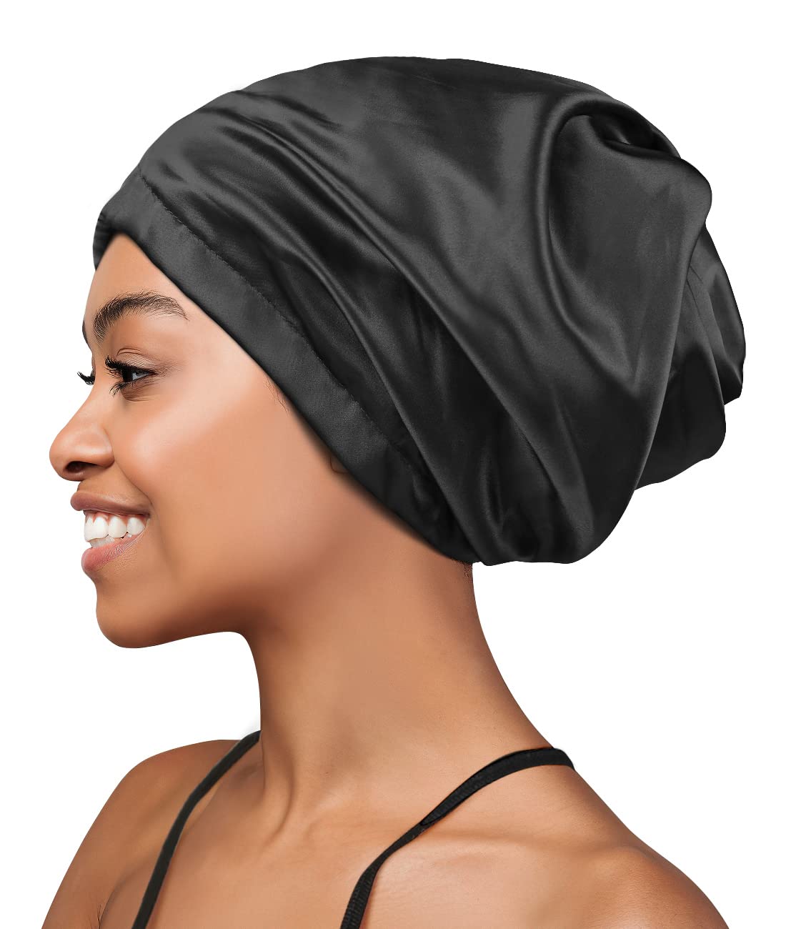 Large Satin Bonnet Sleep Cap for Curly Hair, Frizzy Hair Women and Men Black