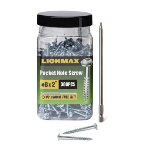 lionmax wood screws #8 x 2 inch, pocket hole screws 300pcs with coarse thread, washer head square drive, self tapping, zinc plated, rust-resistant, 150mm drive bit included