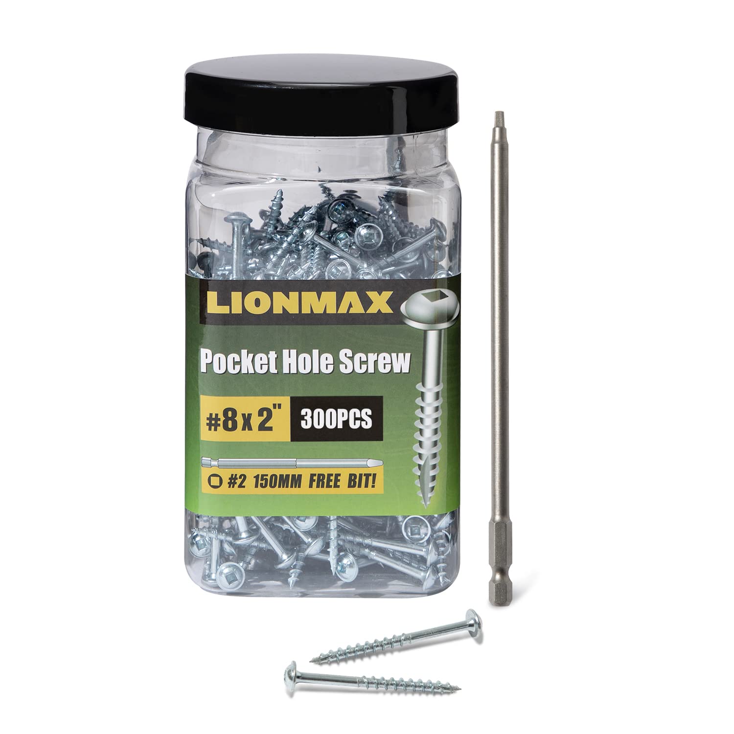 LIONMAX Wood Screws #8 x 2 Inch, Pocket Hole Screws 300PCS with Coarse Thread, Washer Head Square Drive, Self Tapping, Zinc Plated, Rust-Resistant, 150MM Drive Bit Included