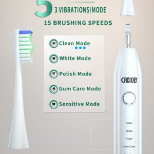 CRKIOB Electric Toothbrush with 10 Brush Heads for Adults and Kids,5 Modes,3 Speeds/Mode,2 Minutes Built in Smart Timer,Sonic Toothbrush,Kids toothbrushes(White)