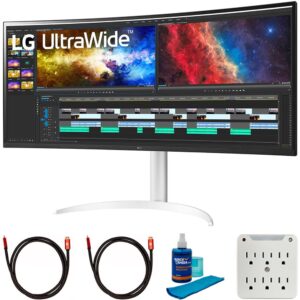 lg 38wp85c-w 38 inch curved 21:9 ultrawide qhd 3840x1600 pc monitor bundle with 2x 6ft universal 4k hdmi 2.0 cable, universal screen cleaner and 6-outlet surge adapter