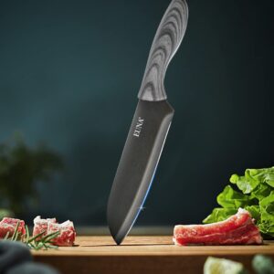 EUNA 7 Inch Chef Knife Ultra Sharp, Kitchen Knife with Sheath & Gift Box, Santoku Knife for Meat/Fruit/Veggie Cutting, Gray Zebra Texture, Non-sticking coating and PP Handle Gary-Black, L03