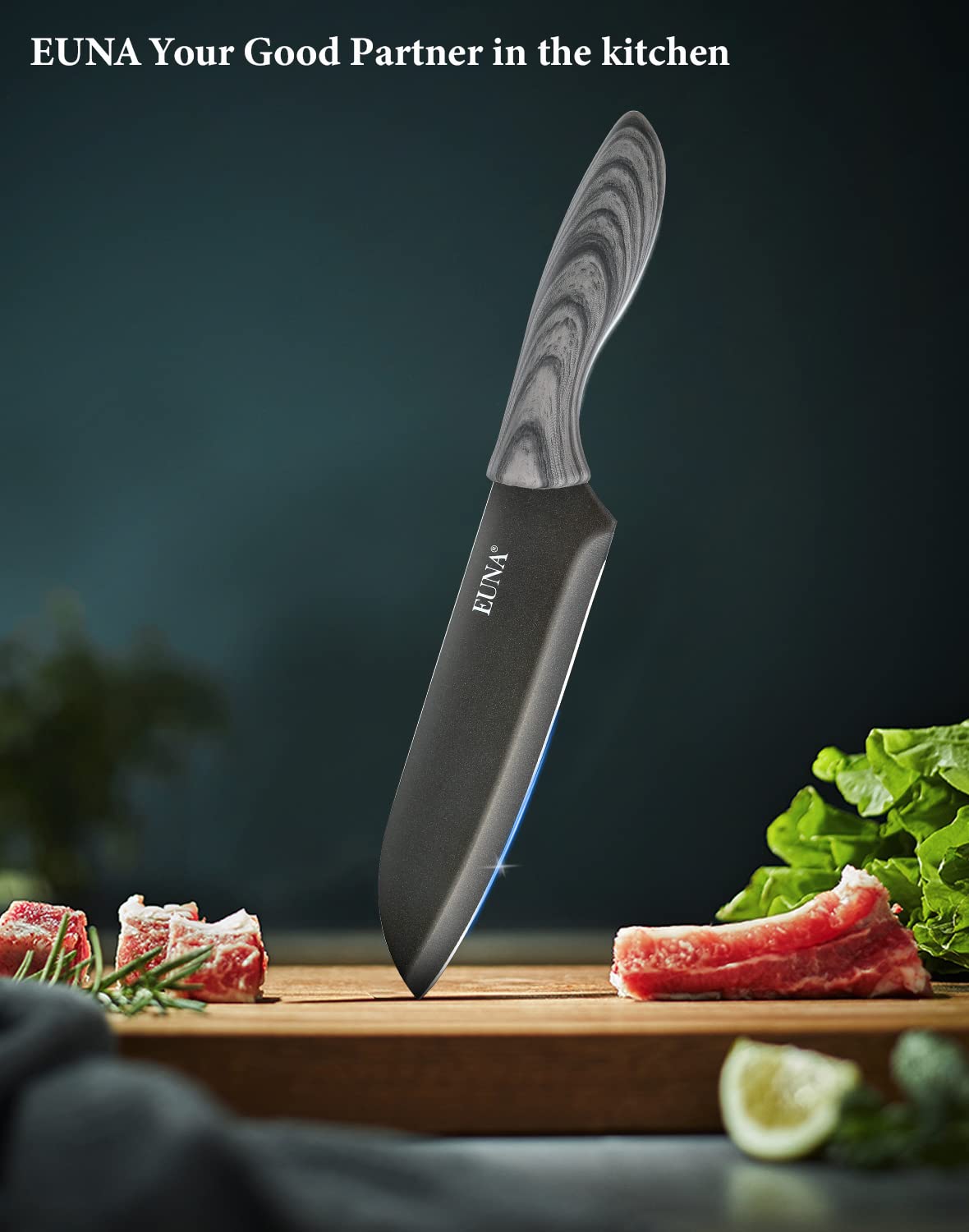 EUNA 7 Inch Chef Knife Ultra Sharp, Kitchen Knife with Sheath & Gift Box, Santoku Knife for Meat/Fruit/Veggie Cutting, Gray Zebra Texture, Non-sticking coating and PP Handle Gary-Black, L03