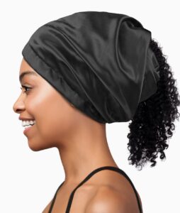 large satin bonnet sleep cap for curly hair, frizzy hair women and men black