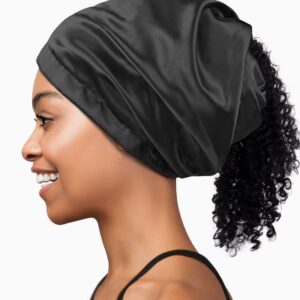 Large Satin Bonnet Sleep Cap for Curly Hair, Frizzy Hair Women and Men Black