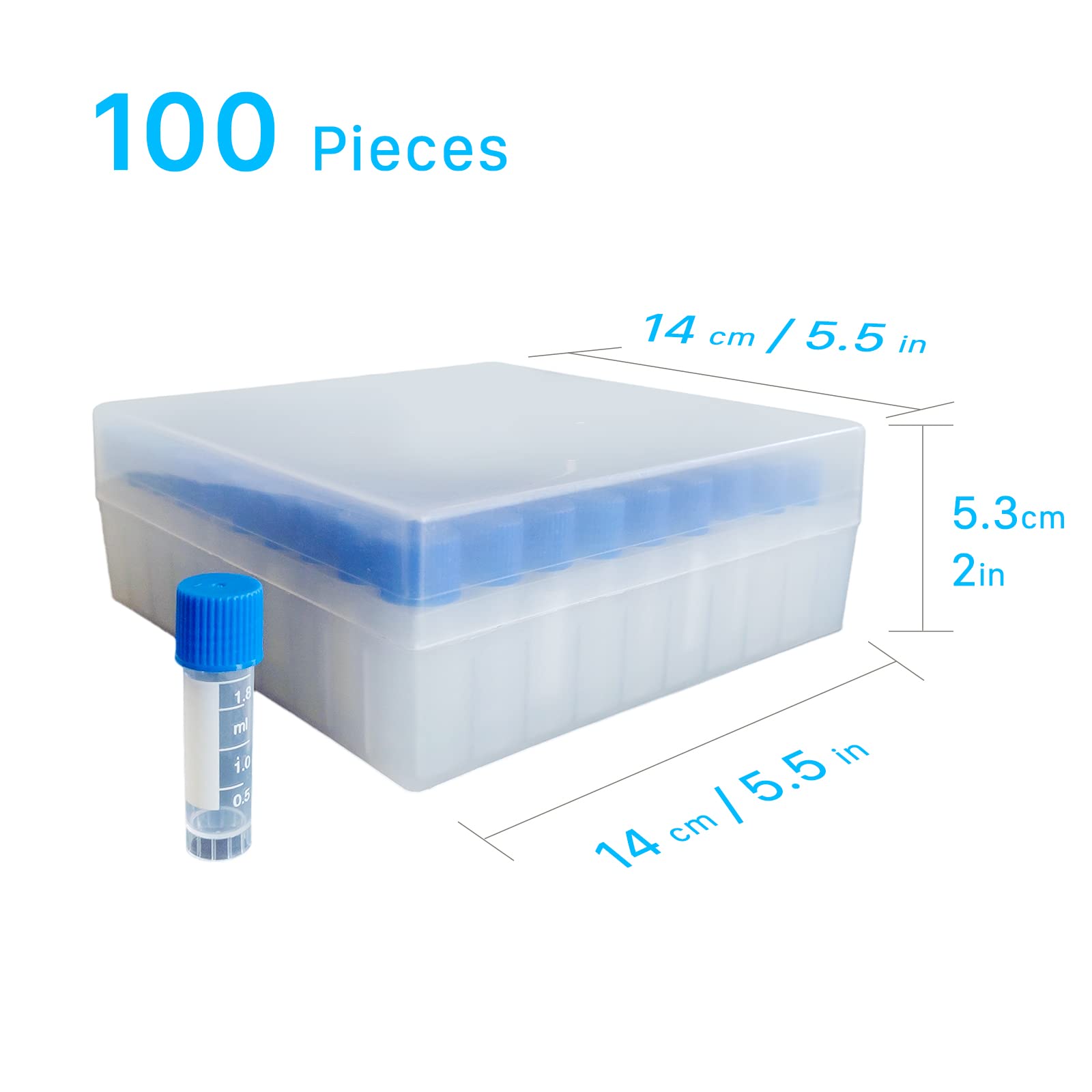 100 Pieces 2ml Graduated Plastic Vials Self Standing with Screw Caps, Samll Cryo Test Tubes,PP Material, Storage Containers with Rack Box for Small Items