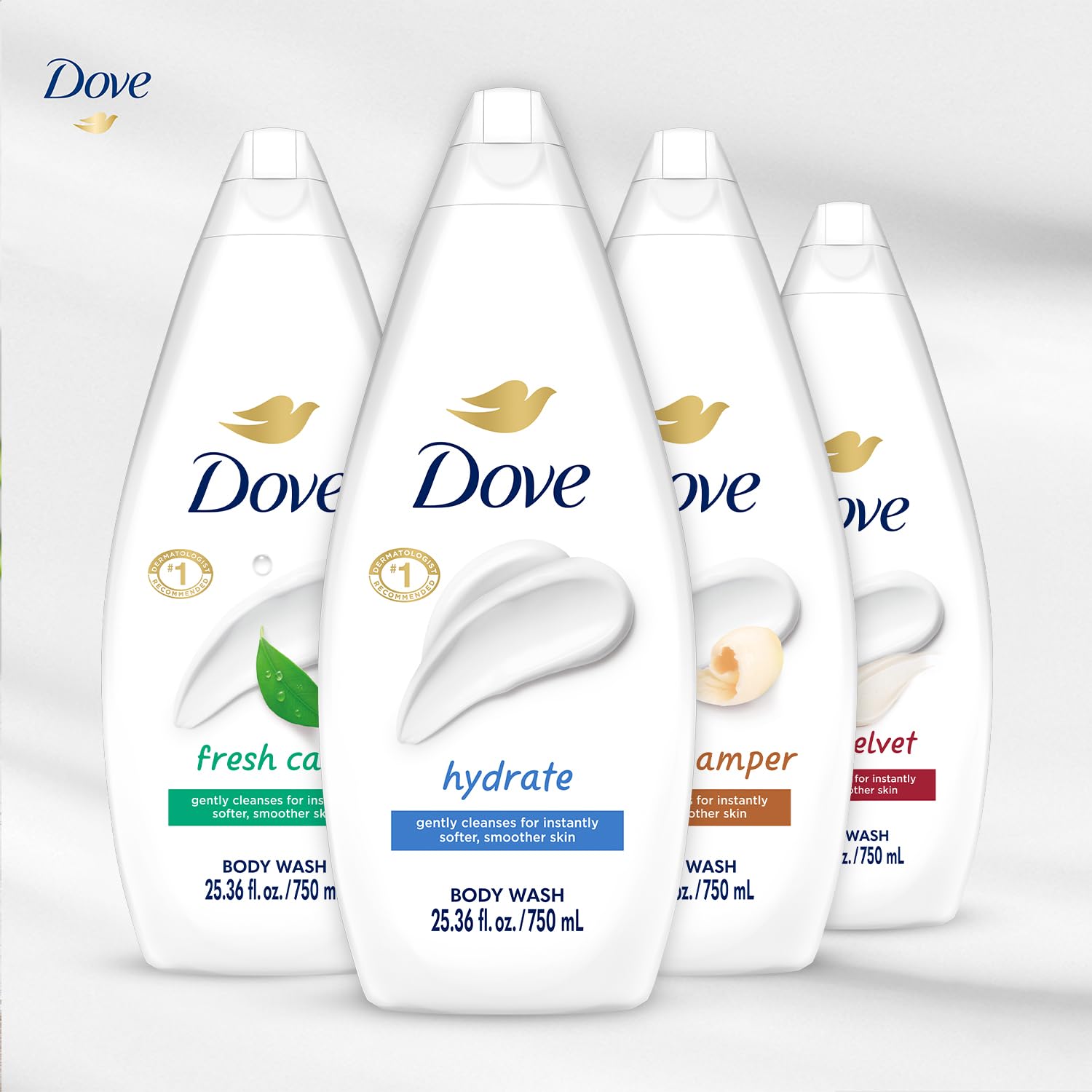 Dove Body Wash Value-Size Variety 6-Pack – Hydrate, Gentle Pamper, Fresh Care, and Silky Velvet, Family Size, 25.36 Oz Ea