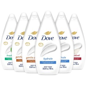 dove body wash value-size variety 6-pack – hydrate, gentle pamper, fresh care, and silky velvet, family size, 25.36 oz ea