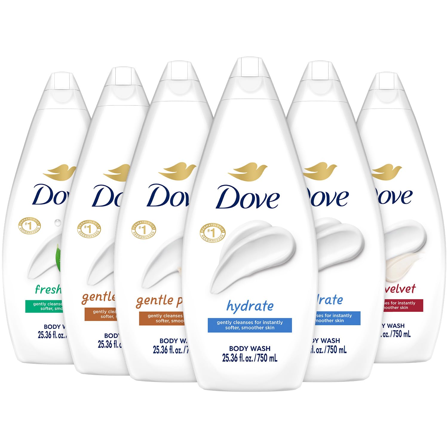 Dove Body Wash Value-Size Variety 6-Pack – Hydrate, Gentle Pamper, Fresh Care, and Silky Velvet, Family Size, 25.36 Oz Ea