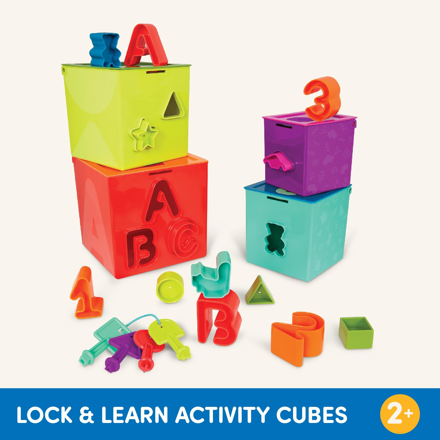 Battat – Sorting & Stacking Boxes – Nesting Toddler Play Cubes – Color-Coded Dexterity Keys – Numbers, Letters & Shapes – 2 Years + – Lock & Learn Activity Cubes