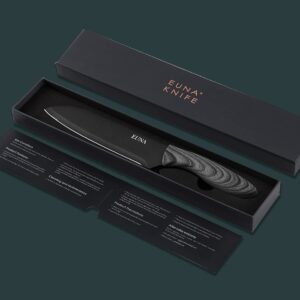 EUNA 7 Inch Chef Knife Ultra Sharp, Kitchen Knife with Sheath & Gift Box, Santoku Knife for Meat/Fruit/Veggie Cutting, Gray Zebra Texture, Non-sticking coating and PP Handle Gary-Black, L03