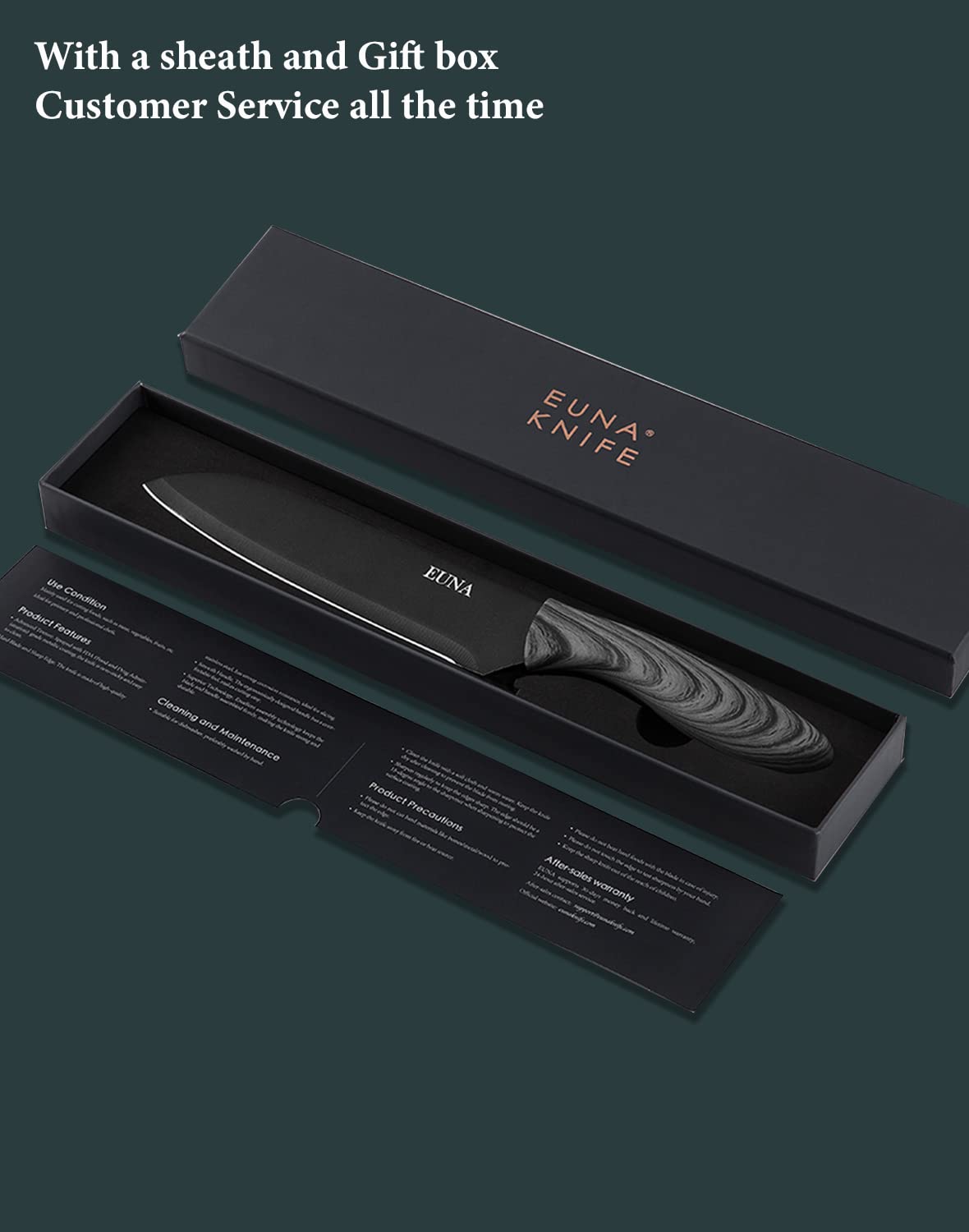 EUNA 7 Inch Chef Knife Ultra Sharp, Kitchen Knife with Sheath & Gift Box, Santoku Knife for Meat/Fruit/Veggie Cutting, Gray Zebra Texture, Non-sticking coating and PP Handle Gary-Black, L03