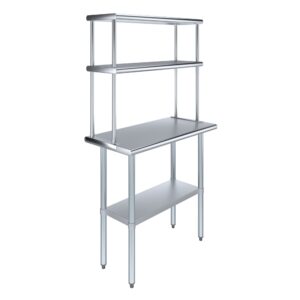 18" x 36" stainless steel work table with 12" wide double tier overshelf | metal kitchen prep table & shelving combo