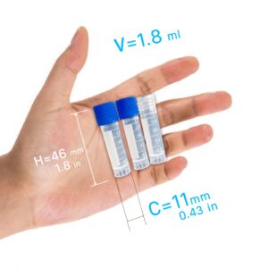 100 Pieces 2ml Graduated Plastic Vials Self Standing with Screw Caps, Samll Cryo Test Tubes,PP Material, Storage Containers with Rack Box for Small Items