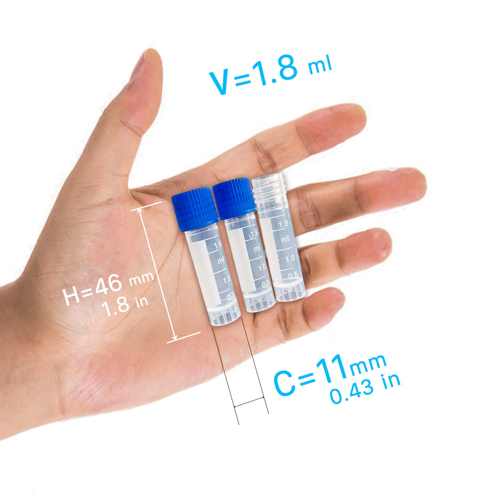 100 Pieces 2ml Graduated Plastic Vials Self Standing with Screw Caps, Samll Cryo Test Tubes,PP Material, Storage Containers with Rack Box for Small Items