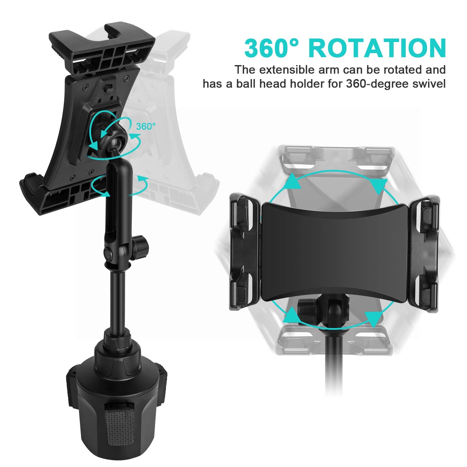 Car Cup Holder Tablet Mount & Phone Cradle Stand Truck for iPad Pro 11/12.9 Air Mini 6/5/4, Samsung Galaxy Tabs, iPhone 16/15/Pro/Pro Max, 4.7"-12.9" Smartphone Tab, Adjustable Long Arm, 360º Rotating