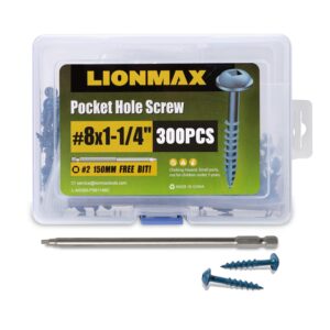 lionmax pocket hole screws, 300pcs #8 x 1-1/4" wood screws with square drive, blue coated exterior screws for outdoor use, weather resistant, coarse thread, self tapping, 150mm drive bit included