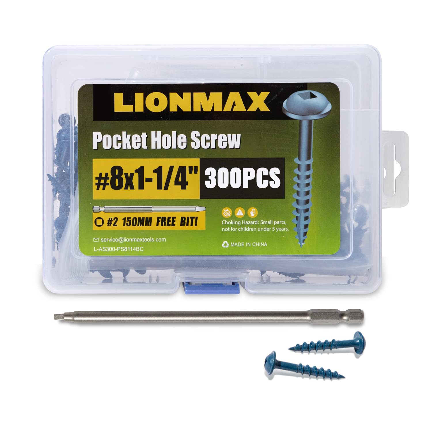 LIONMAX Pocket Hole Screws, 300PCS #8 x 1-1/4" Wood Screws with Square Drive, Blue Coated Exterior Screws for Outdoor Use, Weather Resistant, Coarse Thread, Self Tapping, 150MM Drive Bit Included