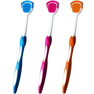 tongue brush, tongue scraper, tongue cleaner helps fight bad breath, 3 tongue scrapers, 3 pack (blue & orange & red)