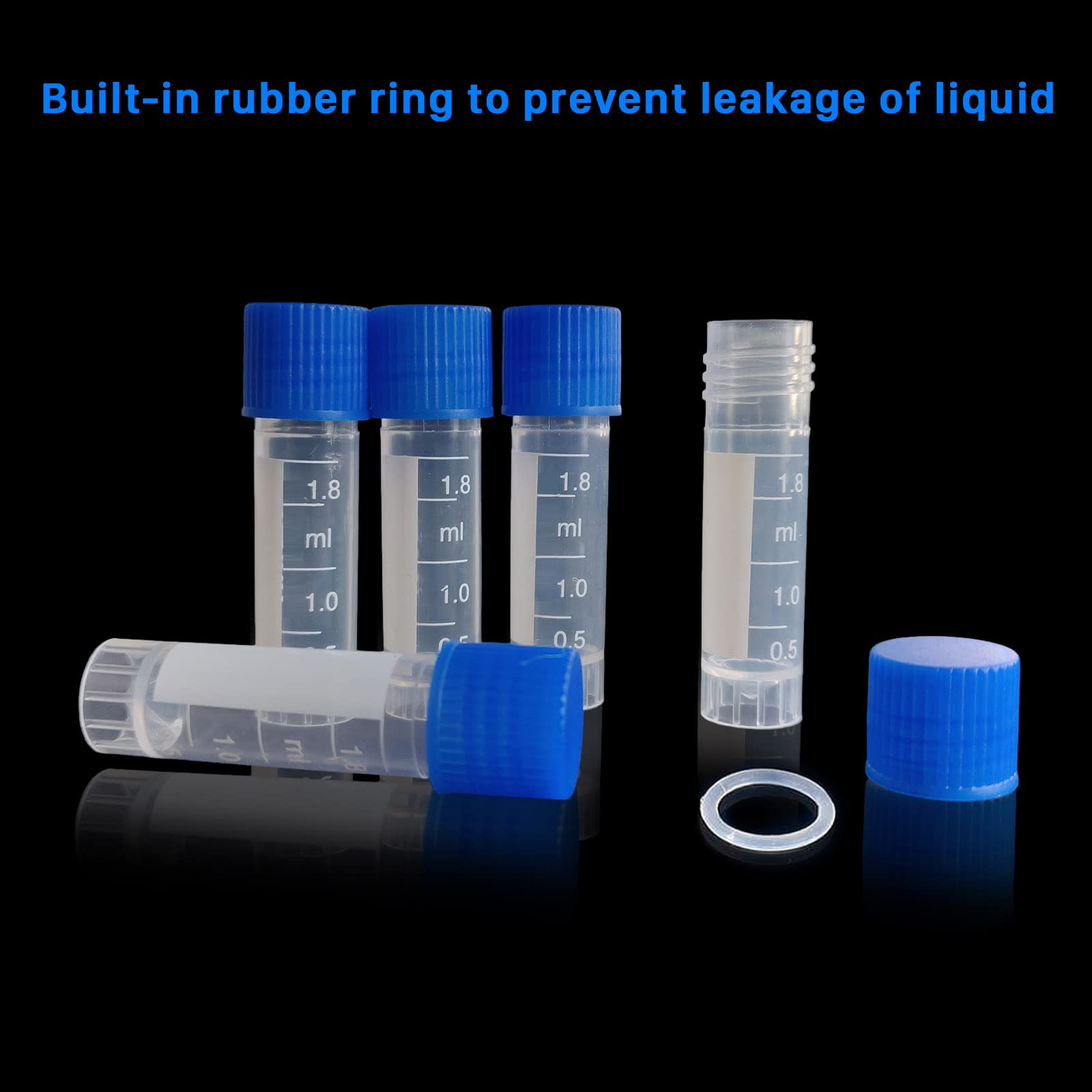 100 Pieces 2ml Graduated Plastic Vials Self Standing with Screw Caps, Samll Cryo Test Tubes,PP Material, Storage Containers with Rack Box for Small Items