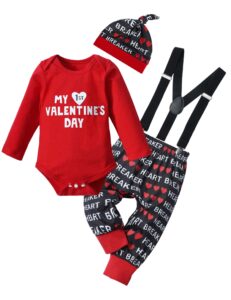 wiqi my first valentine's day outfit infant baby boy spring clothes long sleeve romper and love heart pants for 9-12 months baby boys