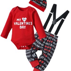 WIQI My First Valentine's Day Outfit Infant Baby Boy Spring Clothes Long Sleeve Romper and Love Heart Pants For 9-12 Months Baby Boys