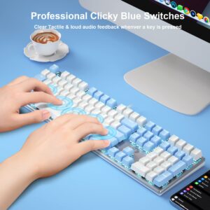 Superbcco Mechanical Gaming Keyboard, LED Backlit Wired Computer Keyboard with Clicky Blue Switches for Windows Gaming PC, 108 Anti-Ghosting Keys, QWERTY, Compact, Aluminum Base for Gamer (Blue)