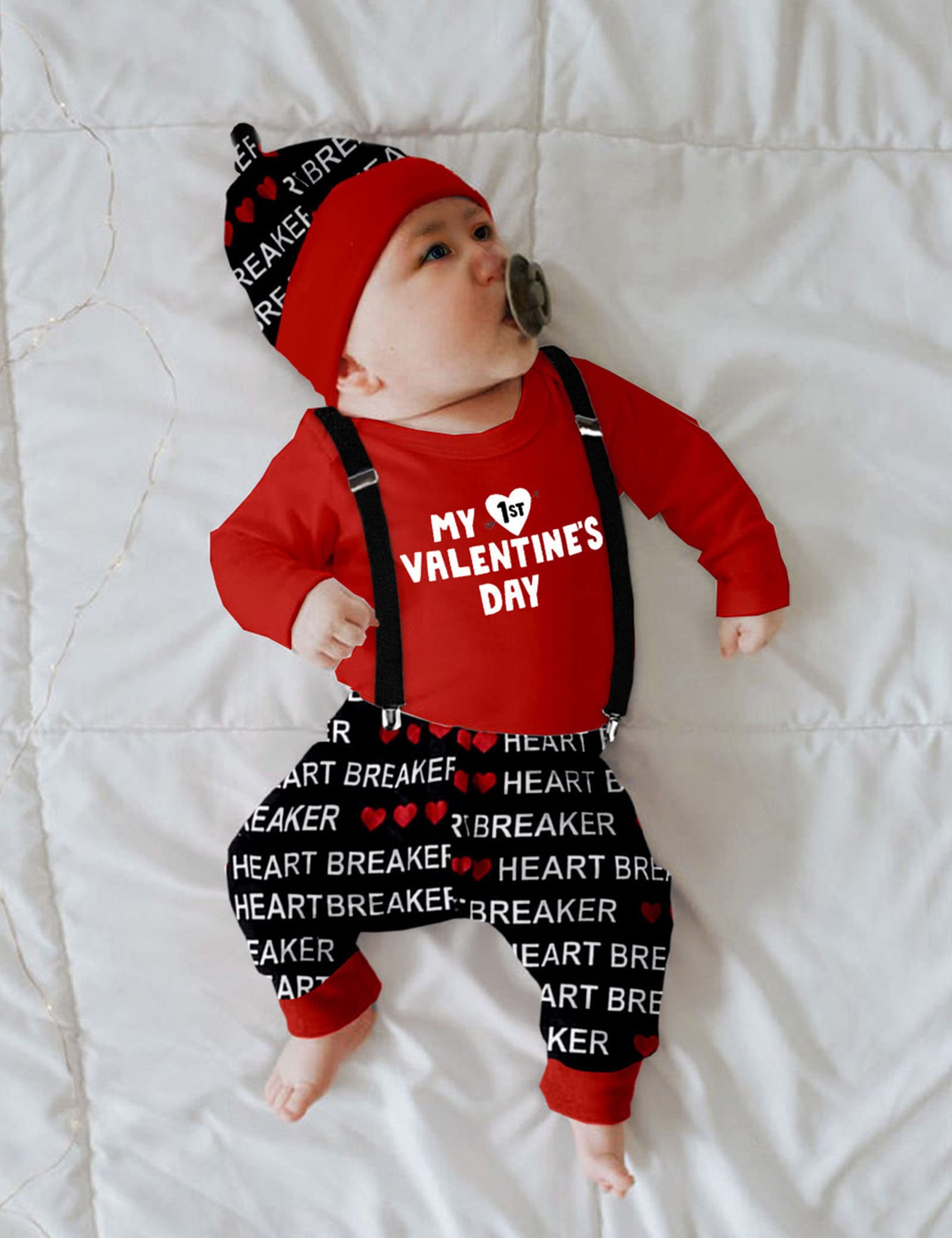 WIQI My First Valentine's Day Outfit Infant Baby Boy Spring Clothes Long Sleeve Romper and Love Heart Pants For 9-12 Months Baby Boys