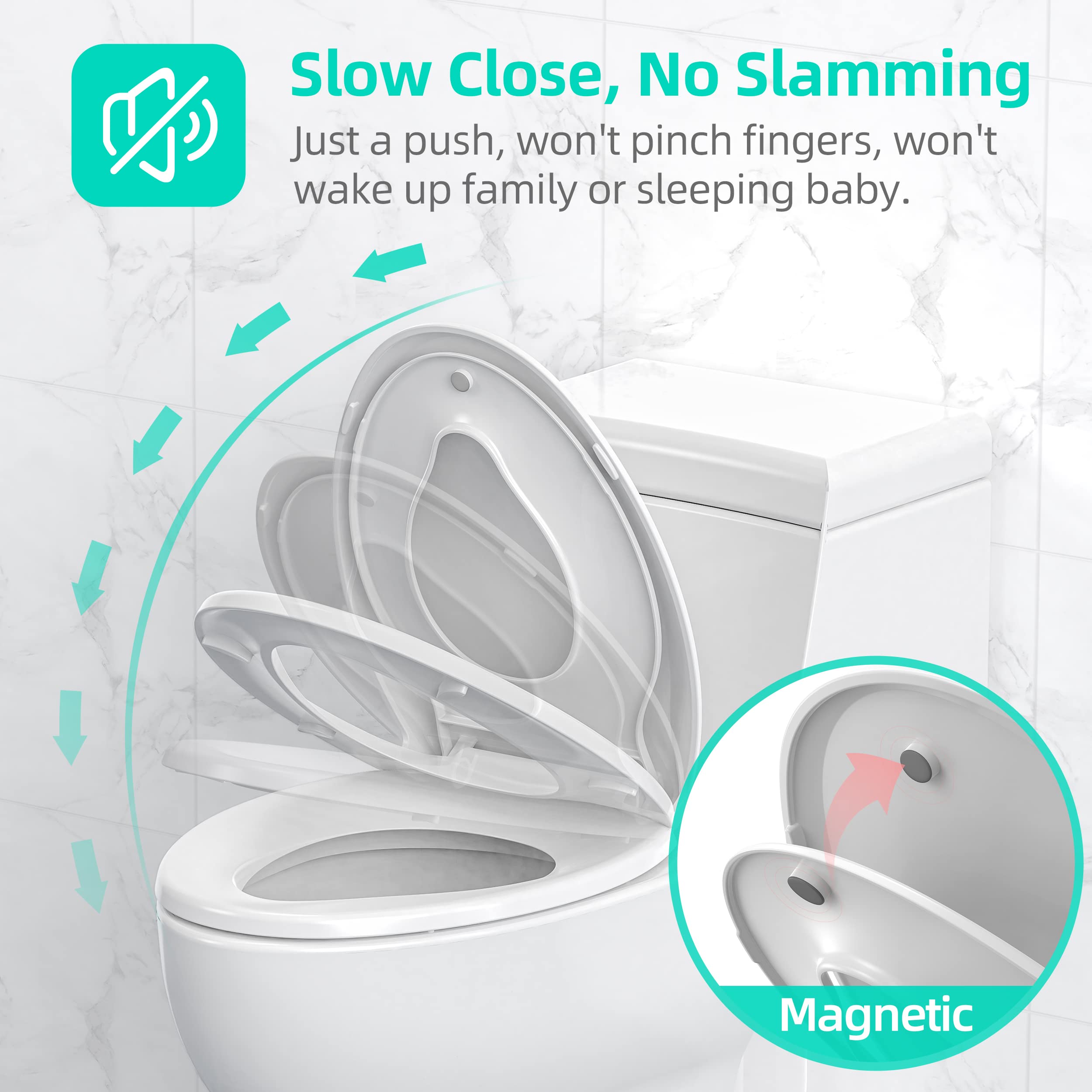 Elongated Toilet Seat with Built-in Potty Training Seat for Toddlers& Adults, Slow Close, Never Loosen, Heavy Duty, Ergonomic, Space Saving Toddler Toilet Seat(Elongated 18.5", Oval)