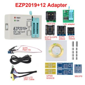 HiLetgo EZP2019+ Upgraded High Speed USB SPI Programmer Support 24 25 93 25 EEPROM Flash BIOS Full Set with 12 Sockets Adapters WIN7&WIN8