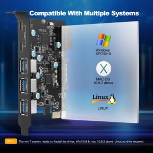 PCI-E x 1 to USB Expansion Card, USB 3.0 5Gpbs(3 x USB A - 2 x USB C - 1 x Internal 19-Pin Header) - USB PCI Express Card, PCIE Motherboard Card for PC Desktop, Support Windows Mac OS Linux