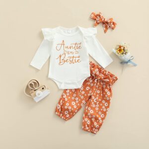 Newborn Infant Baby Girls Clothes Set Auntie Saying Letter Rompers Floral Daisy Pants Headband (White Bestie, 0-3 Months)