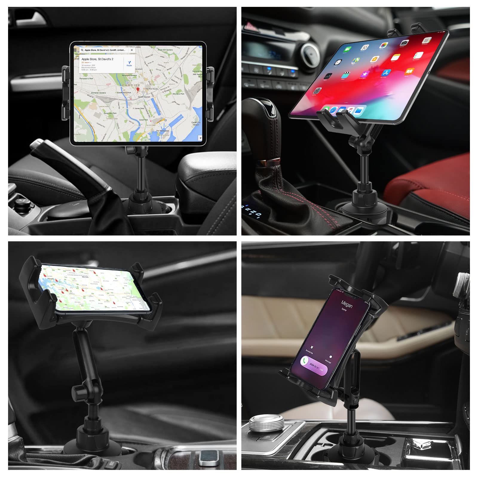 Car Cup Holder Tablet Mount & Phone Cradle Stand Truck for iPad Pro 11/12.9 Air Mini 6/5/4, Samsung Galaxy Tabs, iPhone 16/15/Pro/Pro Max, 4.7"-12.9" Smartphone Tab, Adjustable Long Arm, 360º Rotating