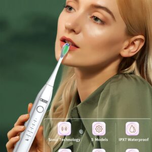 CRKIOB Electric Toothbrush with 10 Brush Heads for Adults and Kids,5 Modes,3 Speeds/Mode,2 Minutes Built in Smart Timer,Sonic Toothbrush,Kids toothbrushes(White)