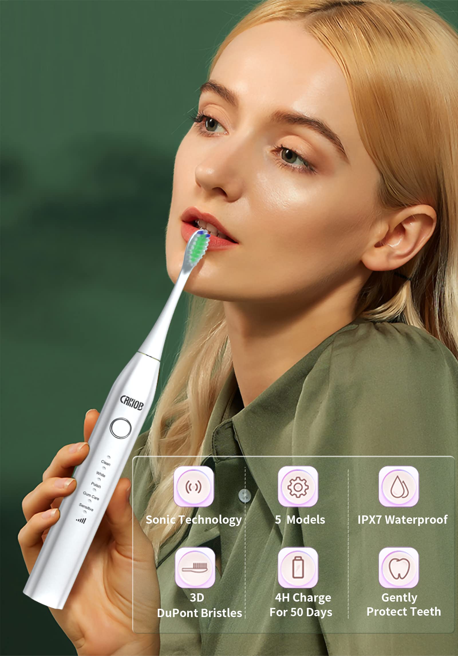 CRKIOB Electric Toothbrush with 10 Brush Heads for Adults and Kids,5 Modes,3 Speeds/Mode,2 Minutes Built in Smart Timer,Sonic Toothbrush,Kids toothbrushes(White)