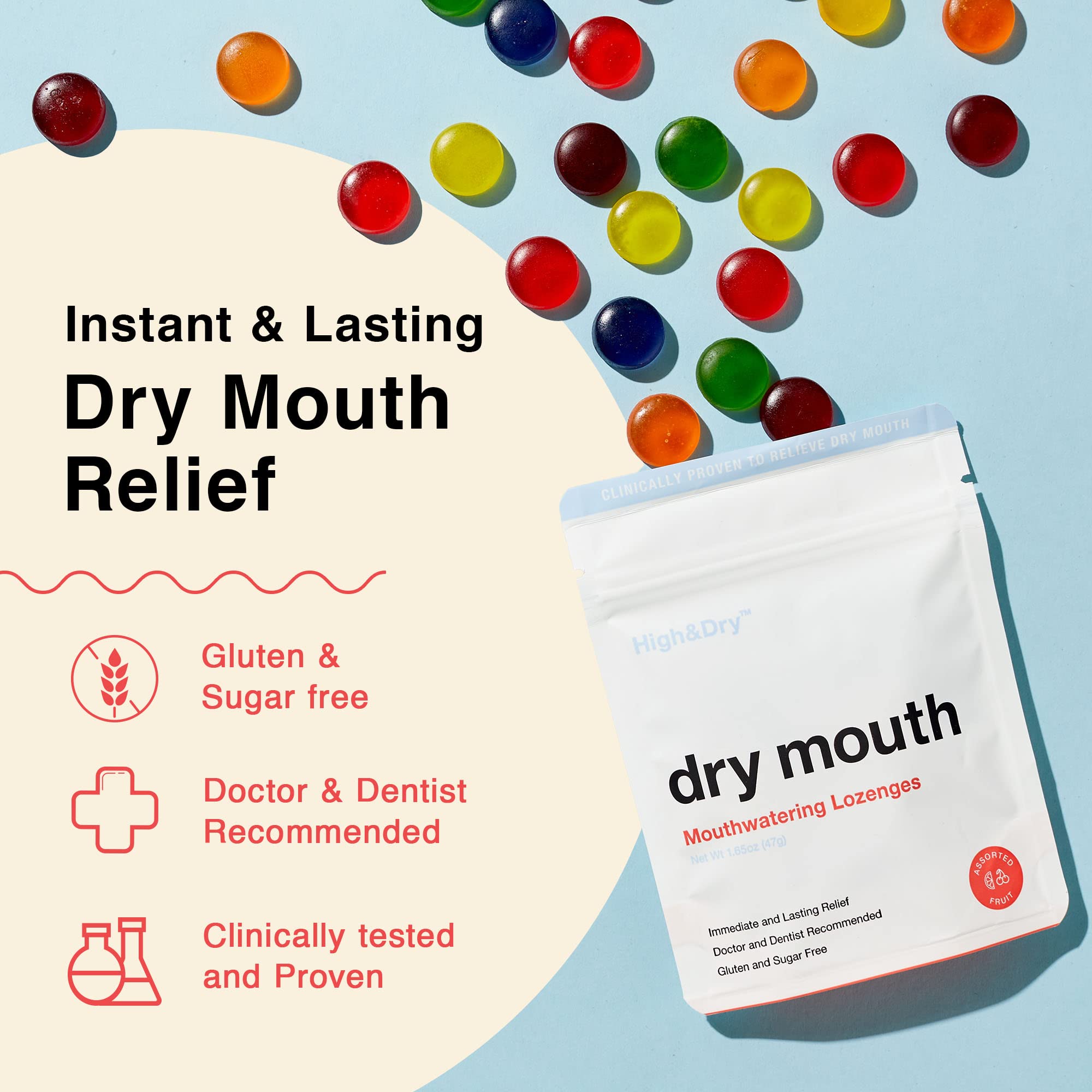 High&Dry - Dry Mouth Lozenges, Helps Stimulate Salivary Flow, Targets Dry Mouth Issues Like Bad Breath, Supports Healthy Gums and Throat, Gluten-and-Sugar-Free Candies, Oral Care Package, 47g