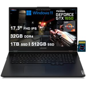 lenovo legion 5 17 premium gaming laptop i 17.3" fhd ips i amd 6-core ryzen 5 5600h(>i5-10400h) i 32gb ddr4 1tb ssd + 512gb ssd i geforce gtx 1650 4gb i backlit usb-c win11 + 32gb microsd card