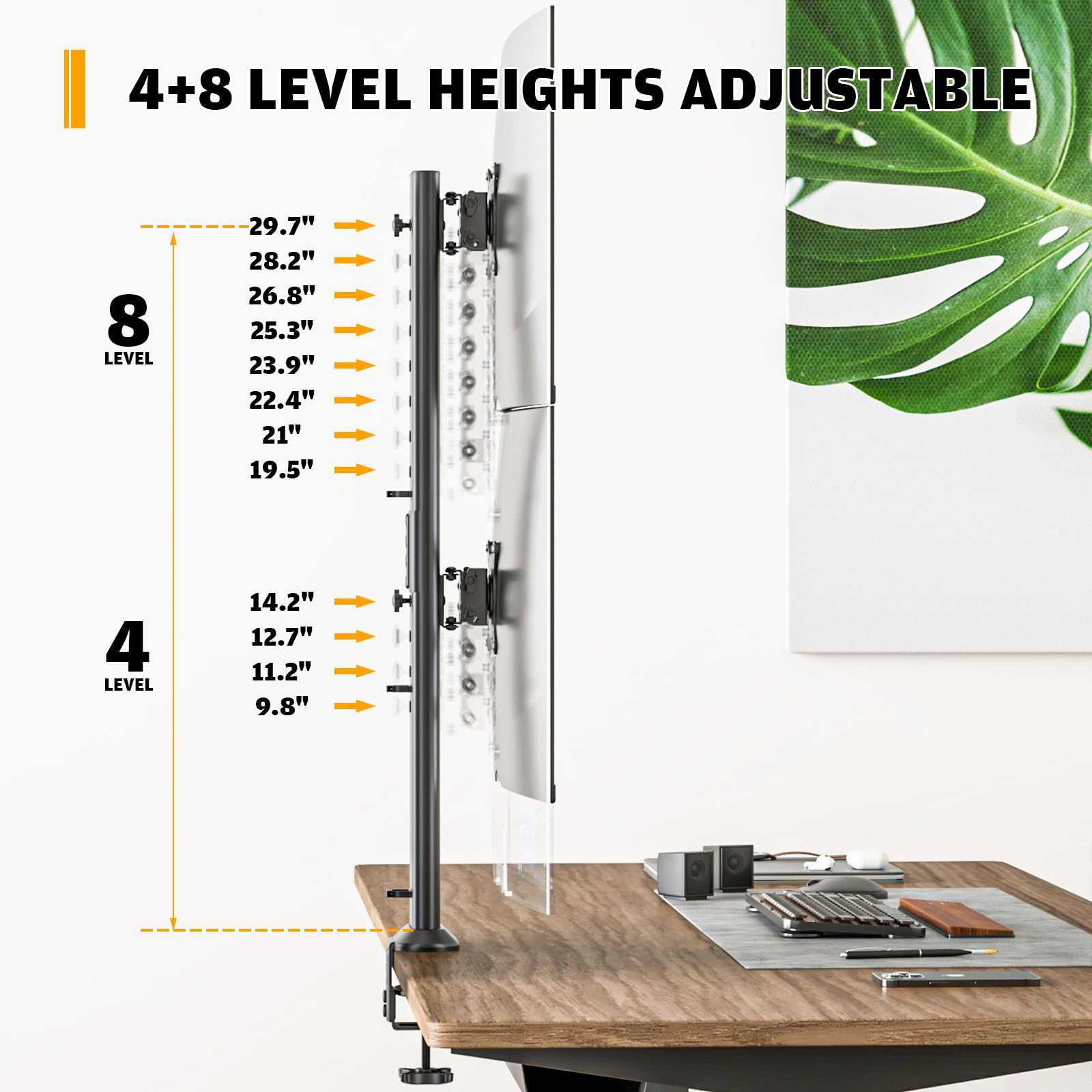 HEMUDU Dual Monitor Articulating Desk Mount Arm Stand - Vertical Stack Screen Supports Two 13 to 34 Inch Computer Monitors with C Clamp