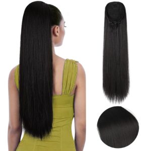 seikea 28" ponytail extensions drawstring long straight fake pony tail natural soft clip in hair extension synthetic heat resistant hairpiece - black