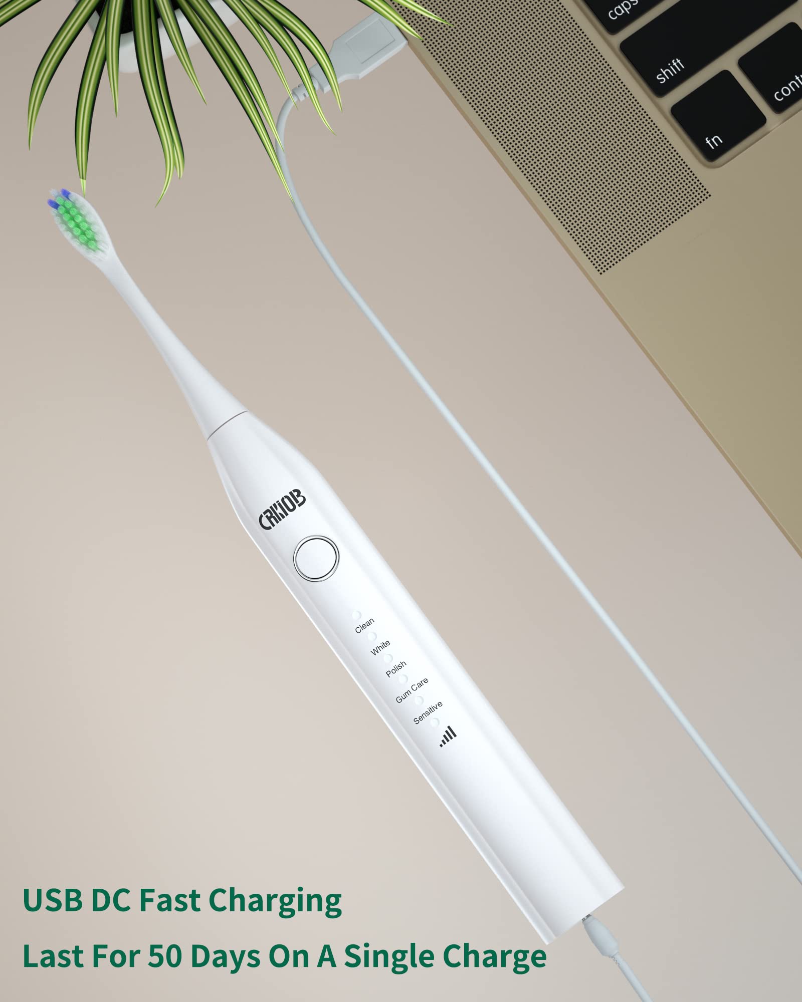 CRKIOB Electric Toothbrush with 10 Brush Heads for Adults and Kids,5 Modes,3 Speeds/Mode,2 Minutes Built in Smart Timer,Sonic Toothbrush,Kids toothbrushes(White)