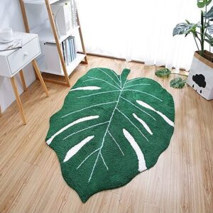 Poowe Monstera Non Slip Bath Mat or Kitchen Tufted Rug | Plant Leaf Shaped Kids Pets Floor Mat Carpet 17.7"×29.5"