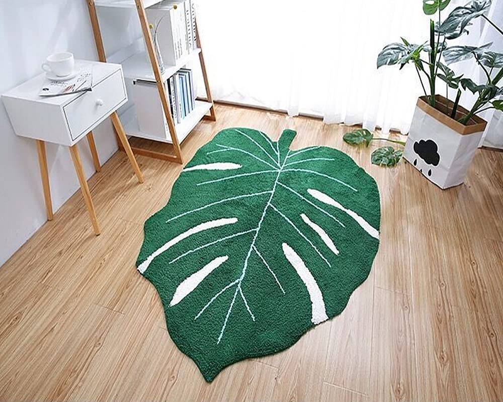 Poowe Monstera Non Slip Bath Mat or Kitchen Tufted Rug | Plant Leaf Shaped Kids Pets Floor Mat Carpet 17.7"×29.5"