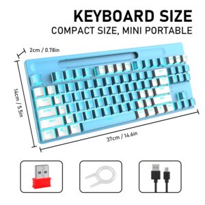 Bluetooth Mechanical Gaming Keyboard with Multi Backlit 87Key Anti-Ghosting Ergonomic Wired/Wireless 2.4Ghz USB Receiver Rechargeable 3300mAh Battery for PC Mac Gamer Typists (Blue White/Blue Switch)