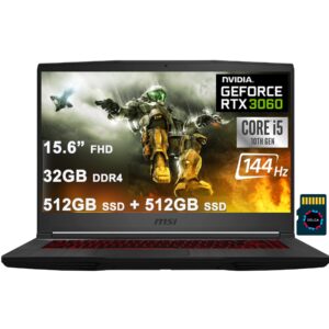 msi gf65 thin premium gaming laptop i 15.6” fhd ips 144hz i intel 6-core i5-10500h (>i7-9750h) i 32gb ddr4 512gb ssd + 512gb ssd i geforce rtx 3060 6gb usb-c backlit win10 + 32gb microsd card